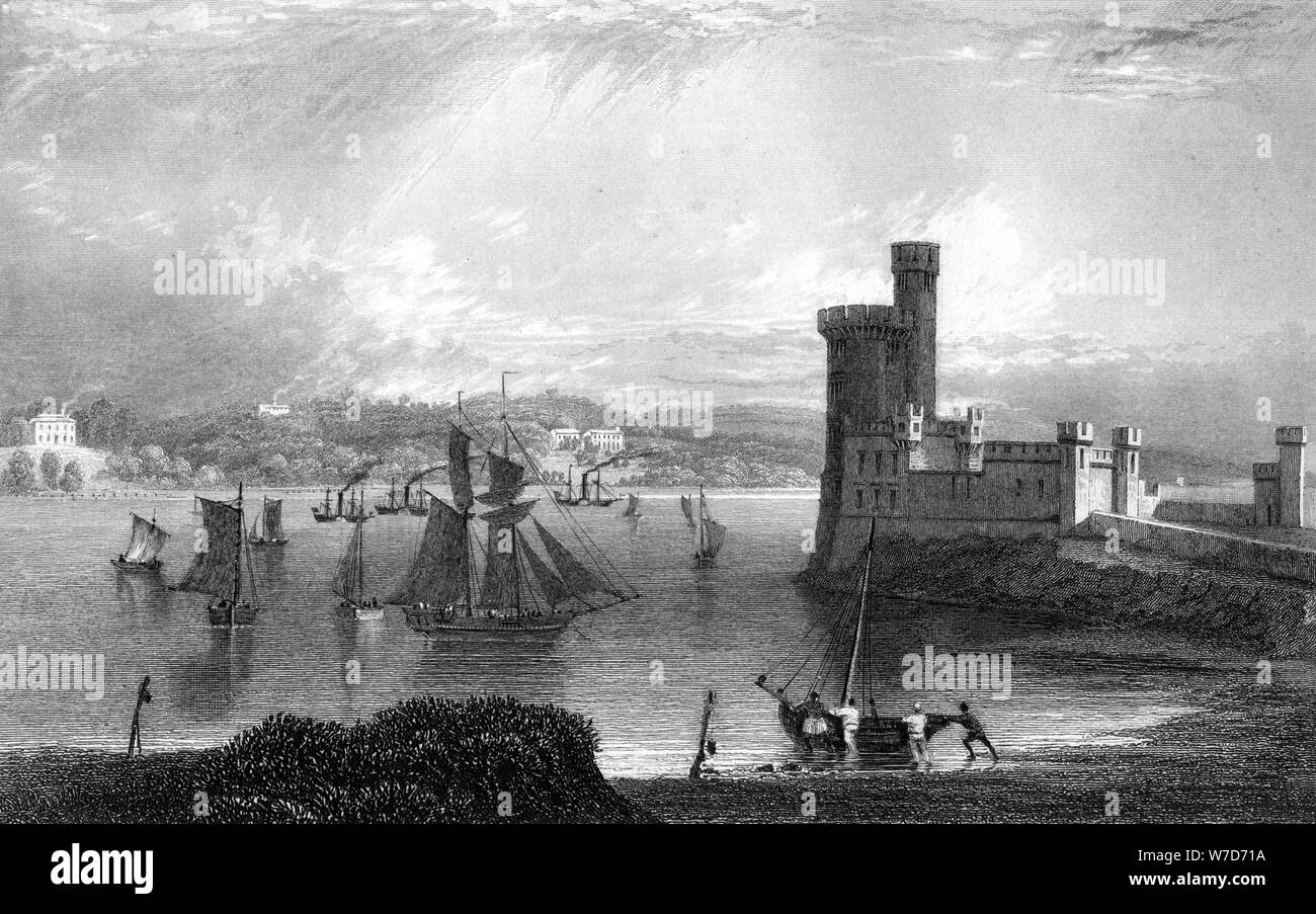 Nineteenth century castle and water landscape Black and White Stock ...
