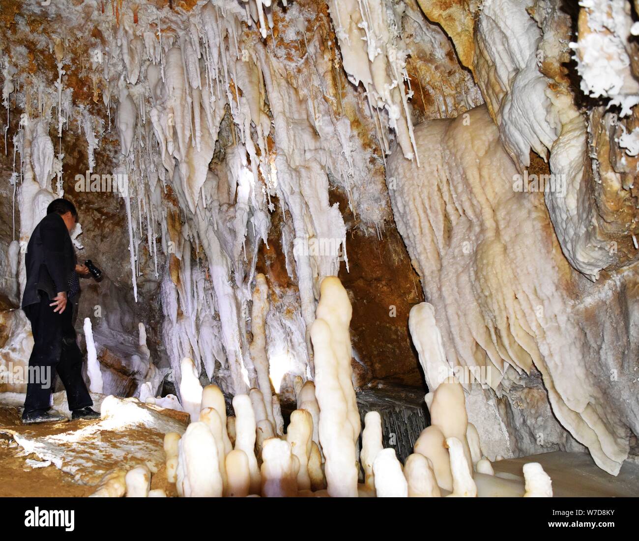 A visitor views the snow-white stalactites and stalagmites in the Snow ...