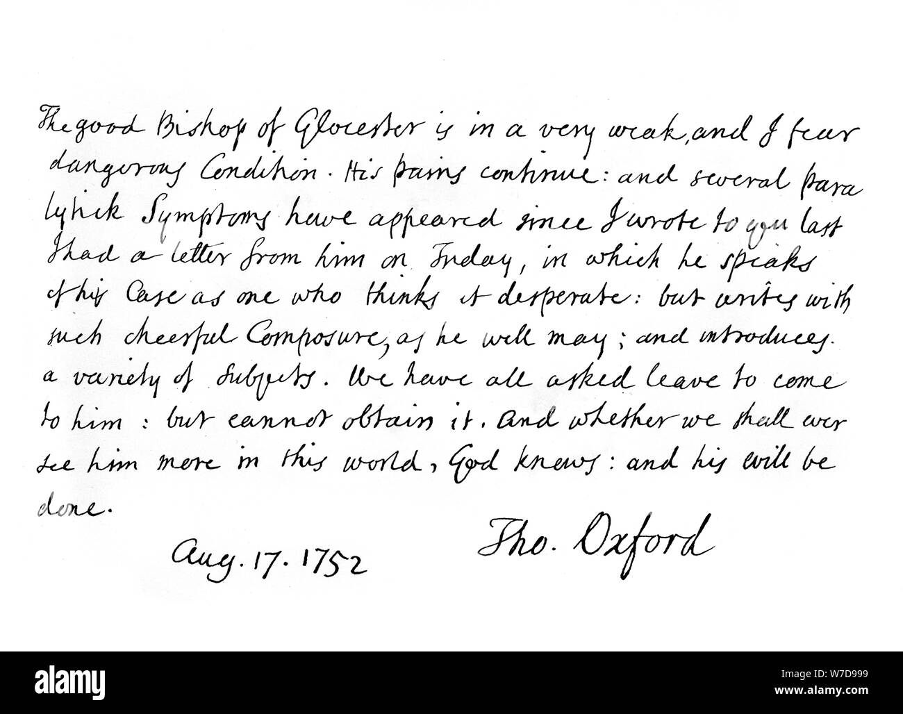 Part of a letter from Thomas Secker, Bishop of Oxford, 17 August 1752 ...