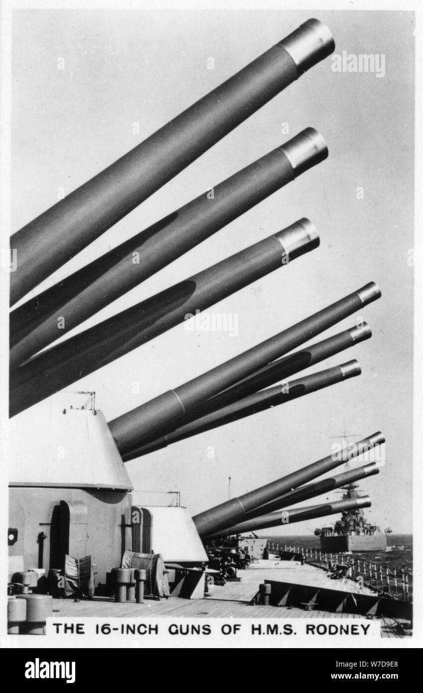 The 16 inch guns of the battleship HMS 'Rodney', 1937. Artist: Unknown ...
