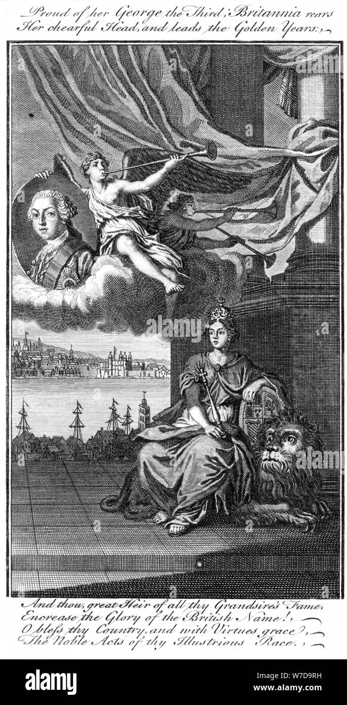 Proud of her George III; Britannia rears her chearful head, and leads ...