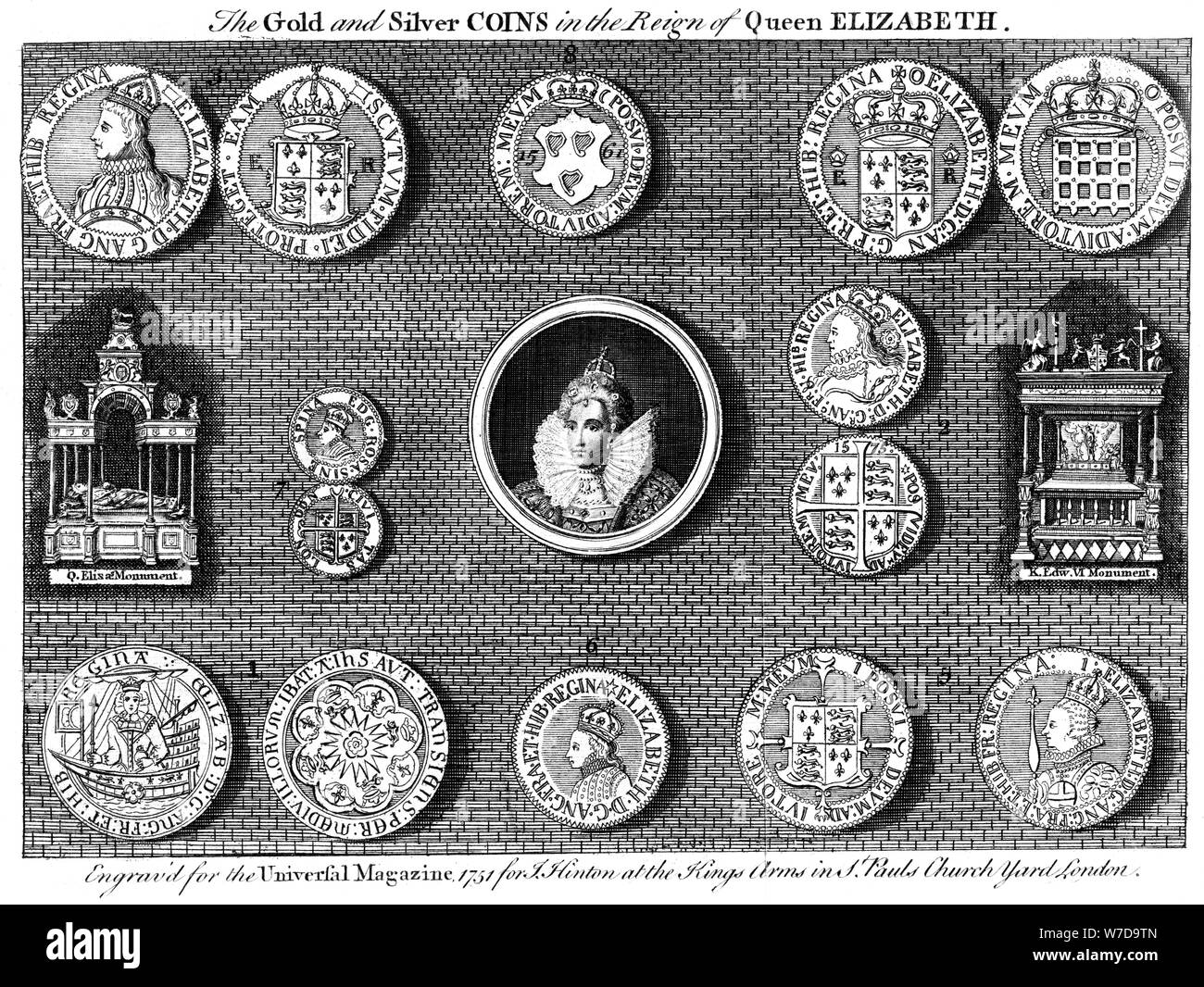 The gold and silver coins in the reign of Queen Elizabeth, 1751. Artist ...