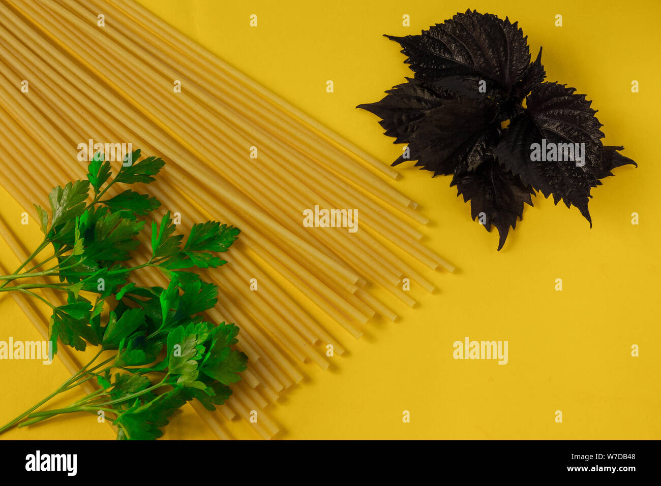 Spaghetti sticks, parsley and sweet basil leaves on yellow kitchen ...