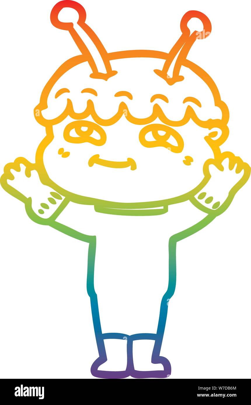 rainbow gradient line drawing of a friendly cartoon spaceman waving ...