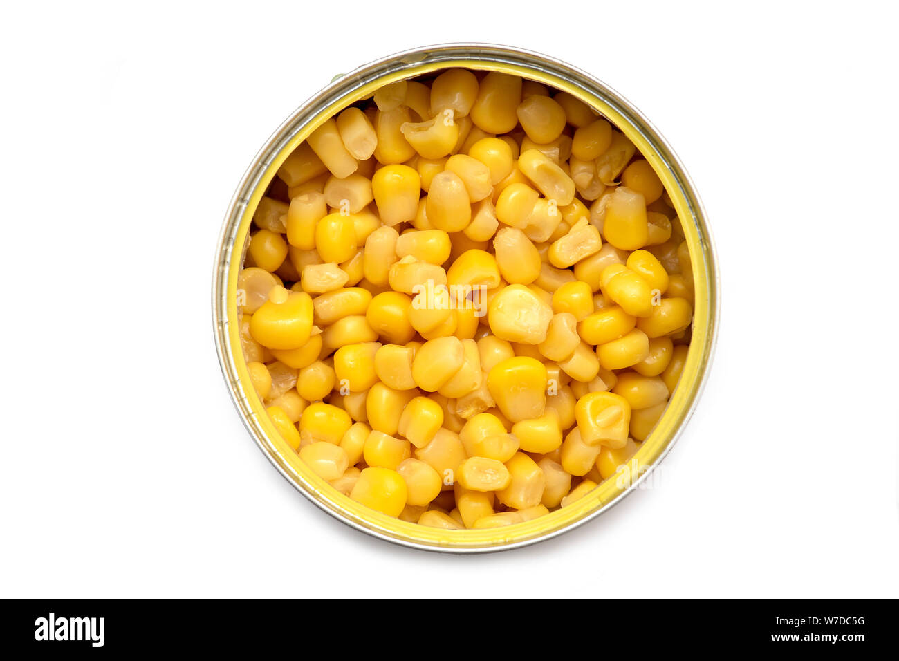 Canned Corn in aluminum Can isolated on white background. Top view ...