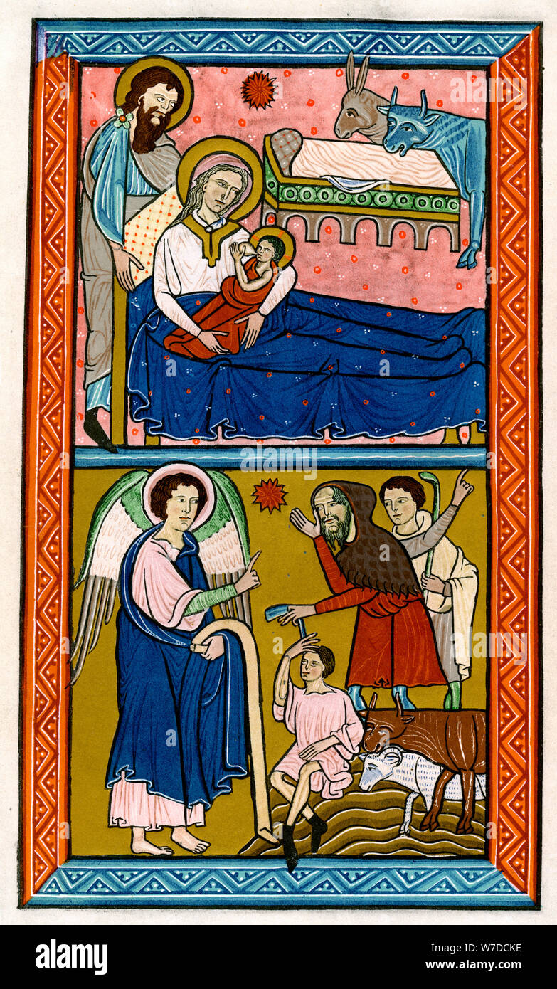 The Nativity and the Annunciation to the Shepherds, early 13th century. Artist: Unknown Stock ...