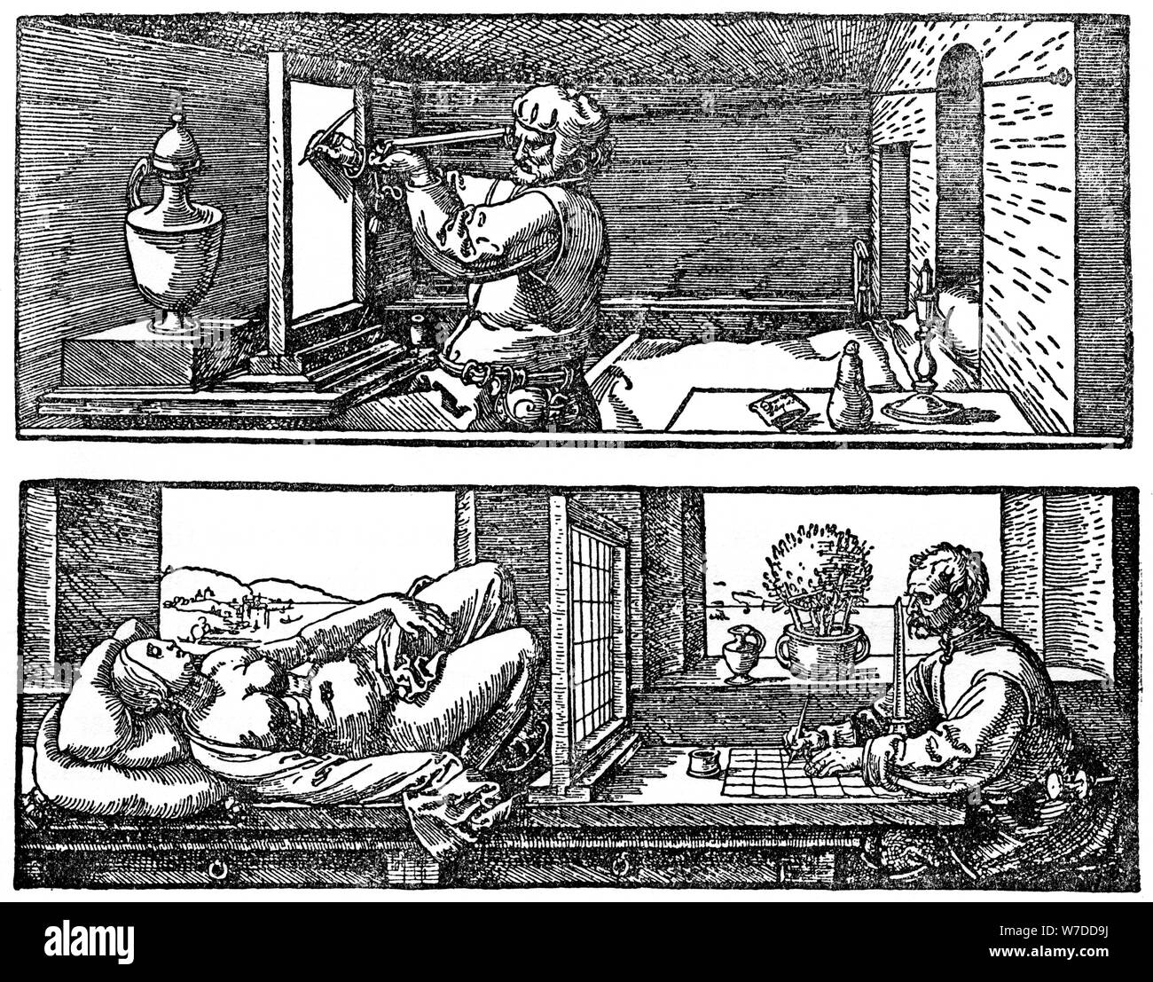 Perspective machine, 1525, (1936). Artist: Albrecht Dürer Stock Photo ...