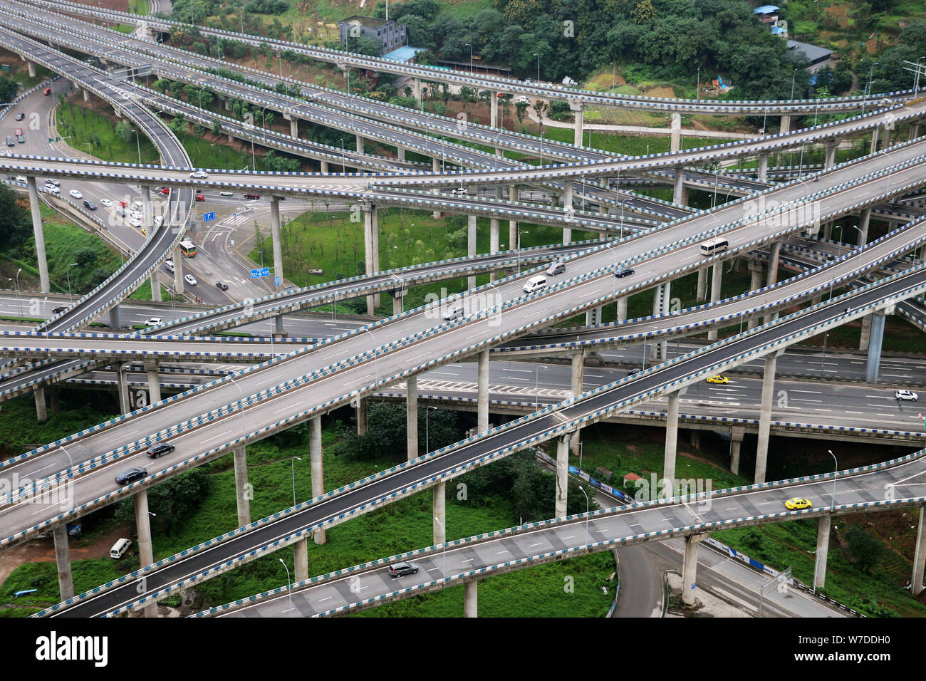 Cars drive on the five-level Huangjuewan Overpass, the world's "most ...