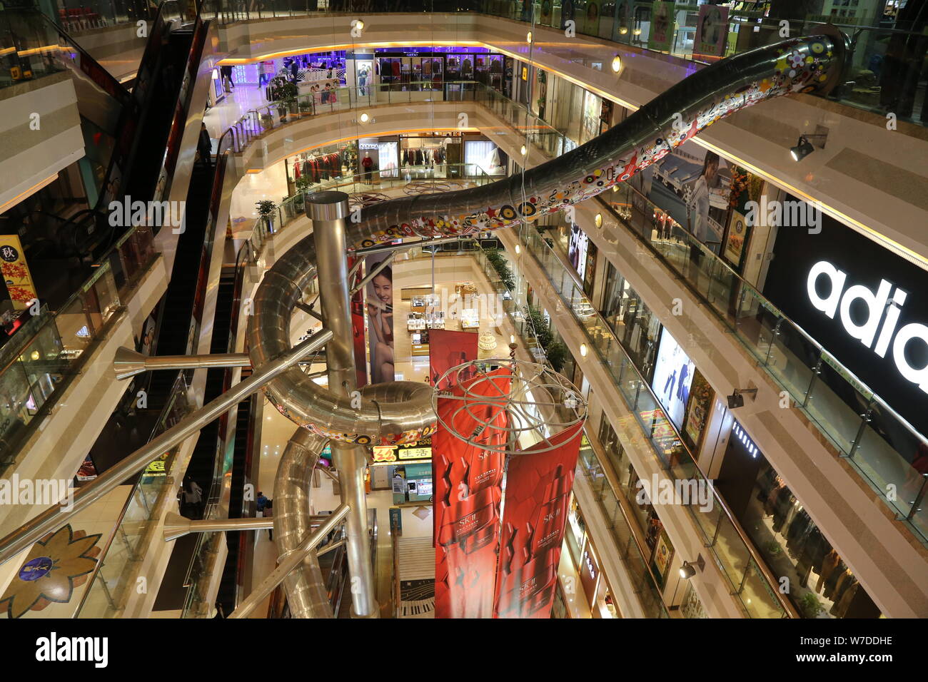 View of a huge slide with four curves at a shopping mall in Shanghai ...