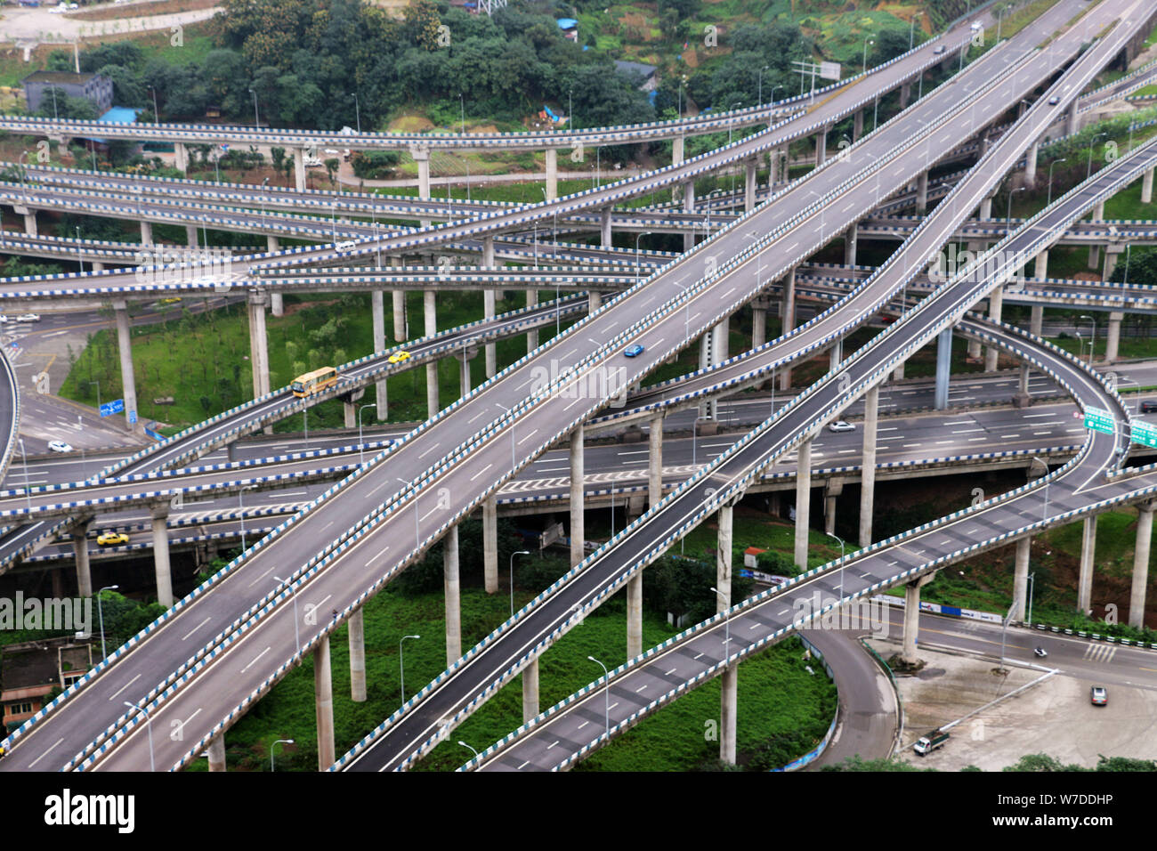 Cars drive on the five-level Huangjuewan Overpass, the world's "most ...