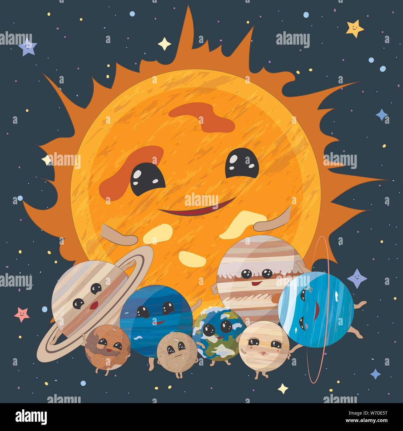 Cartoon Sun with planets of Solar System on space background, vector ...