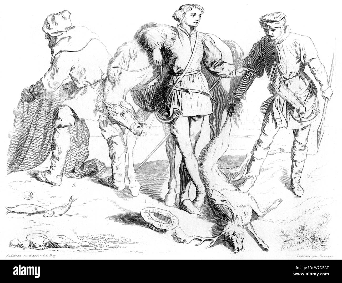 English hunter, gamekeeper and fisherman, 1435 (1849).Artist: Drouart ...