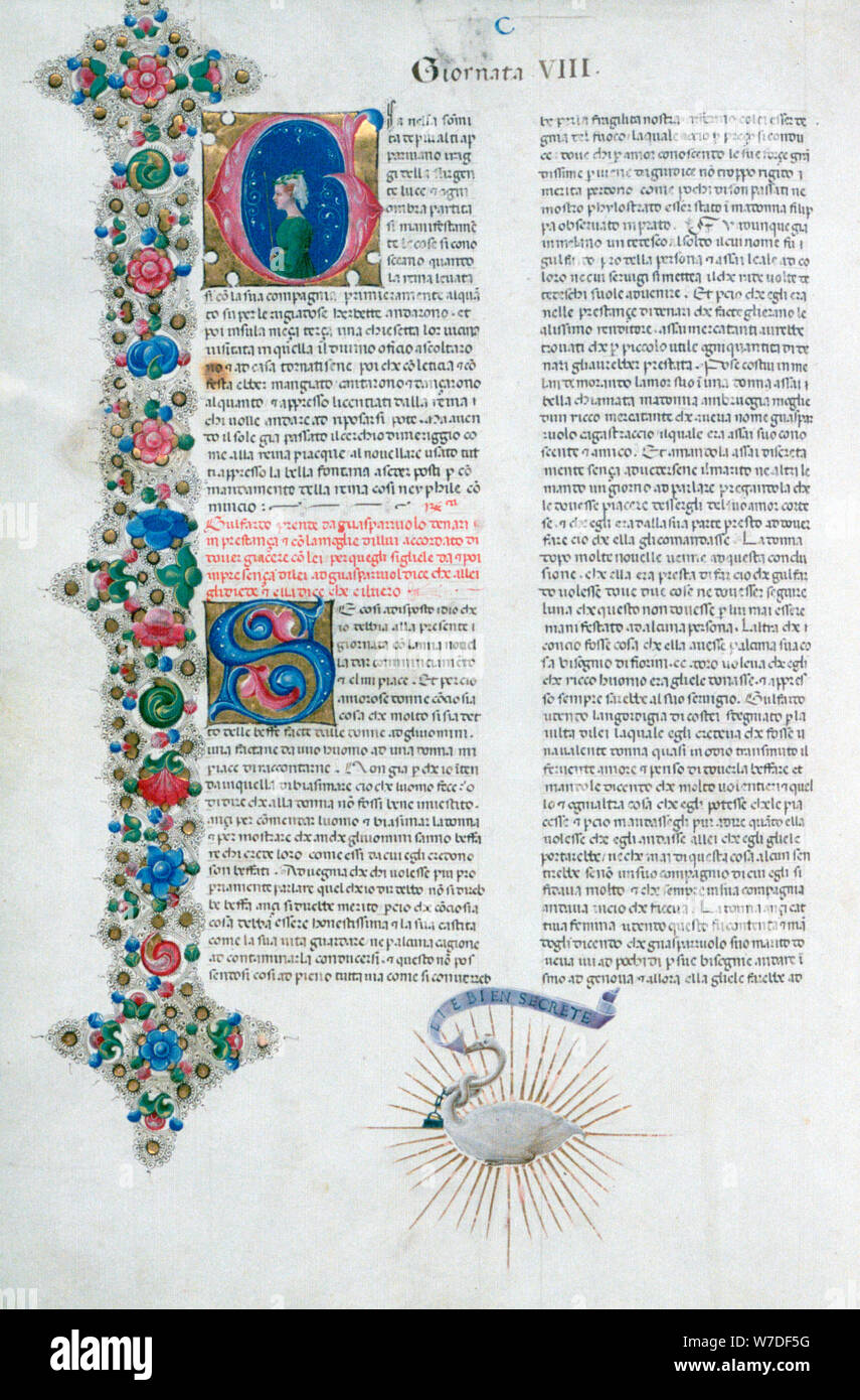 Illuminated manuscript page from Decameron, by Giovanni Boccaccio ...