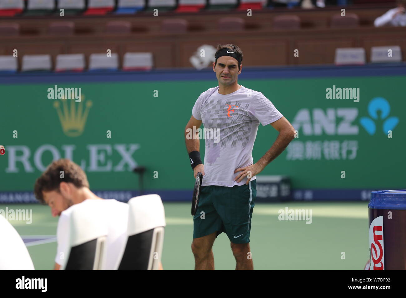 Swiss tennis player Roger Federer takes part in a training session for the upcoming Shanghai ...