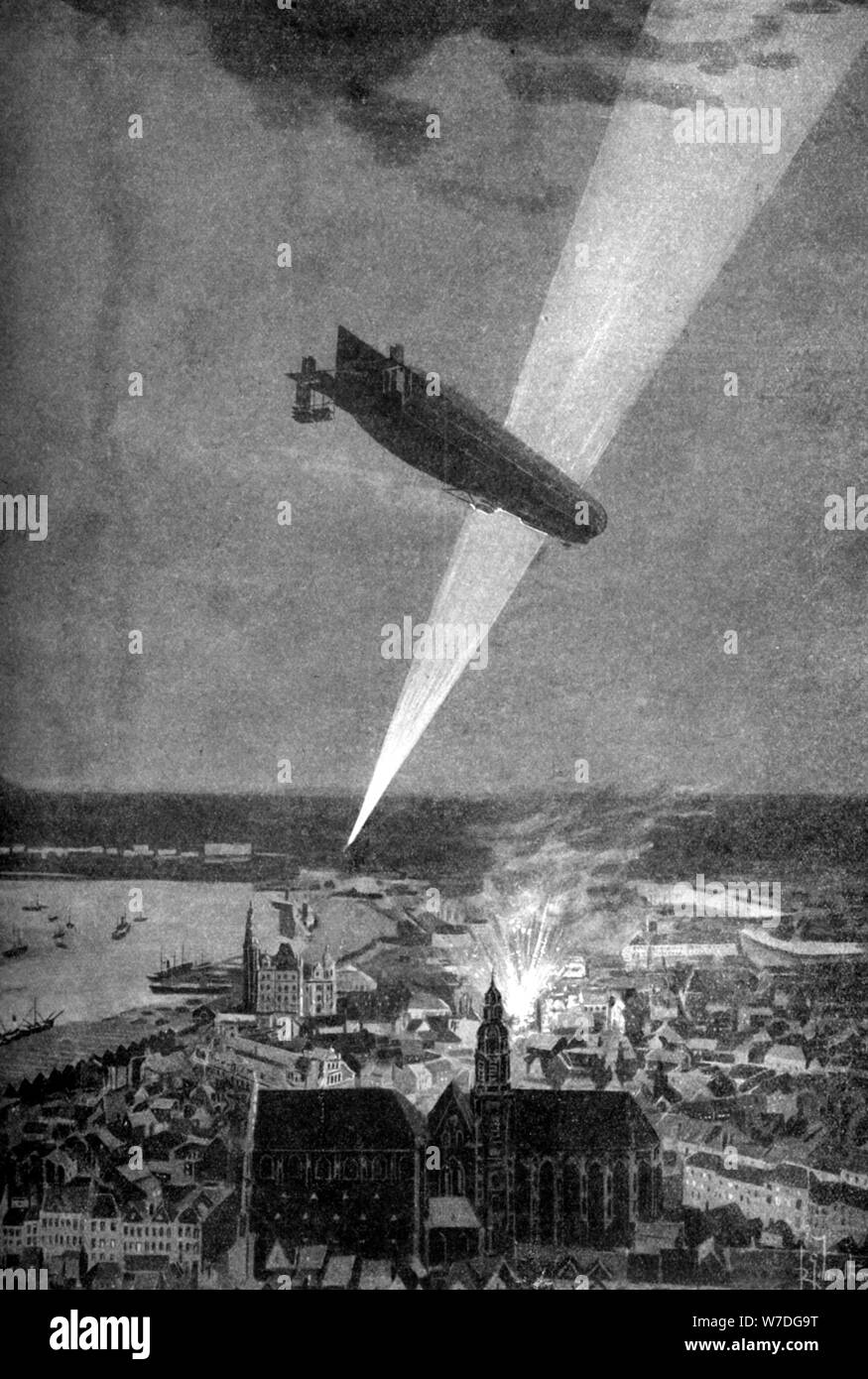 Zeppelin bombardment of Antwerp, First World War, 24 August 1914.Artist ...