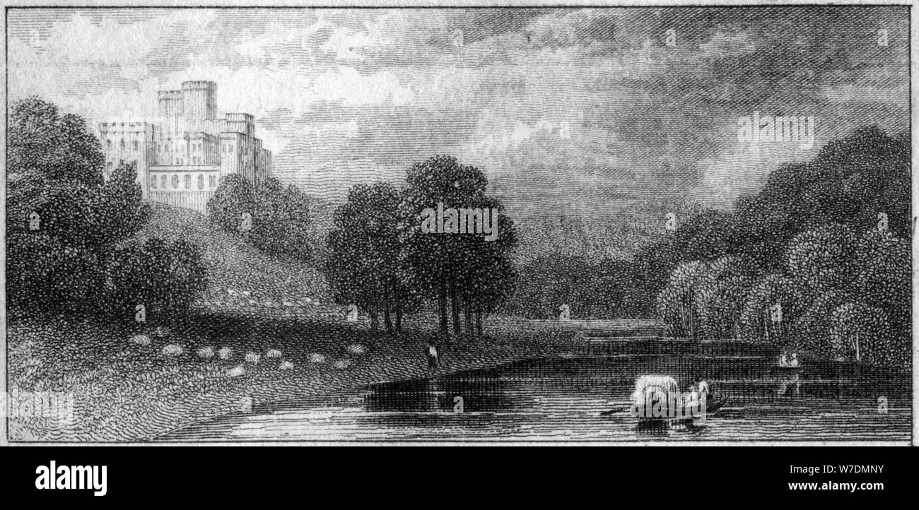 Nineteenth century castle and water landscape Black and White Stock ...