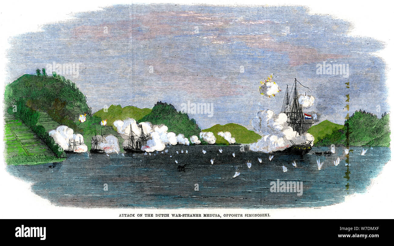 'Attack on the Dutch war-steamer 'Medusa', opposite Simonoseki', Japan ...
