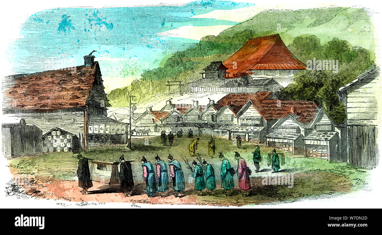 Street in Hakodate, and funeral procession, Japan, 1856. Artist ...