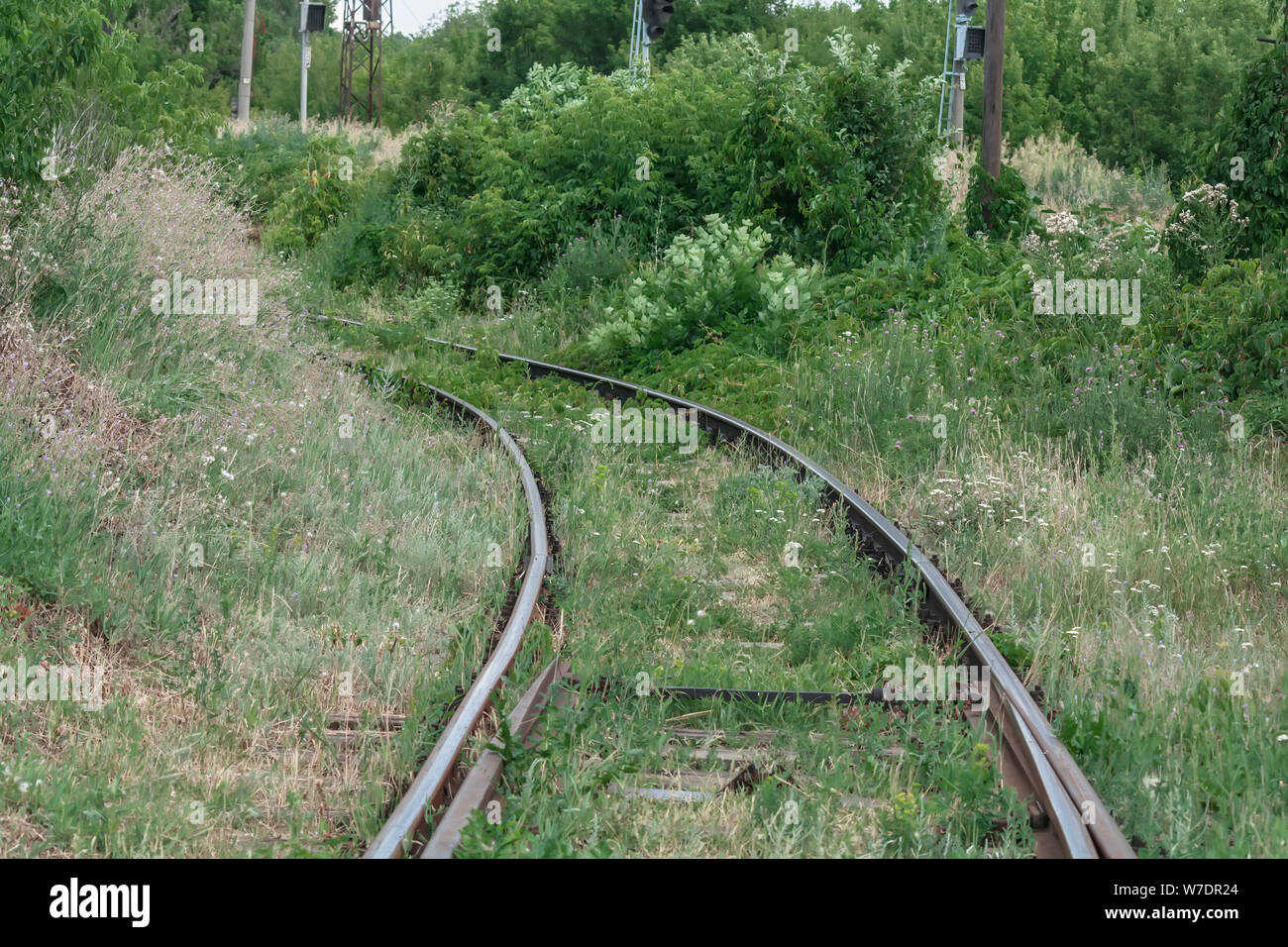 Old rails in landscape. Rails in the land. Rails and cross ties.Railway ...