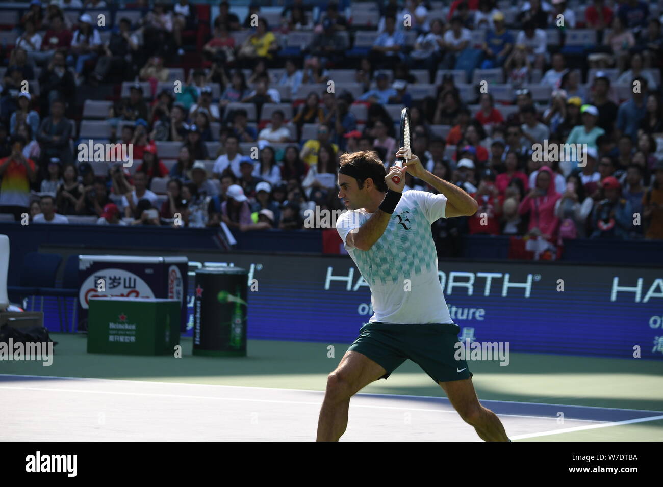 Swiss tennis player Roger Federer takes part in a training session for the upcoming Shanghai ...