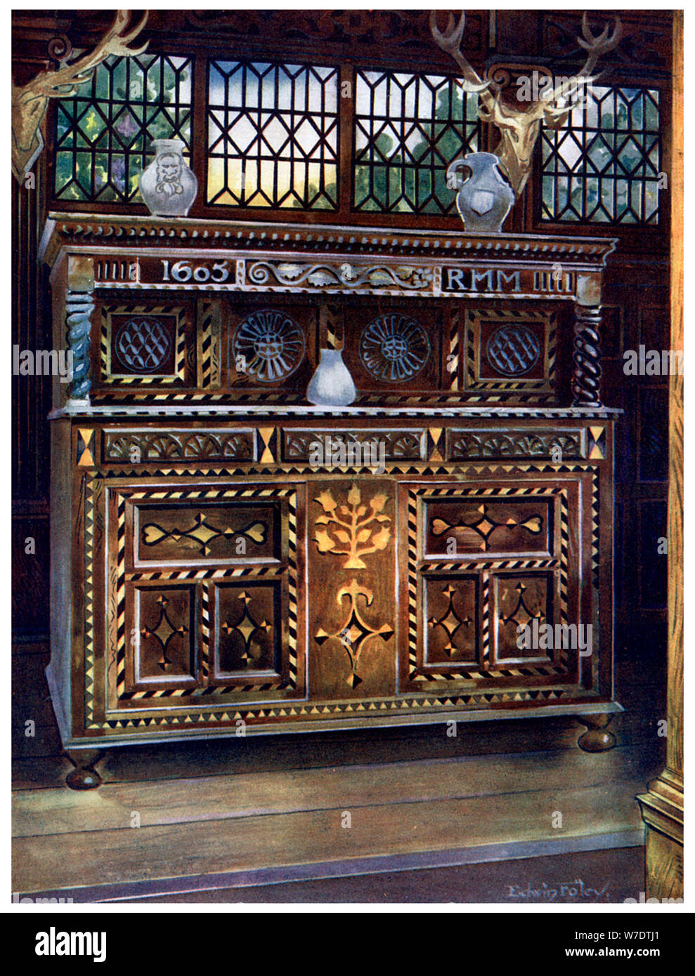 Carved and inlaid oak court cupboard, 1910.Artist: Edwin Foley Stock ...