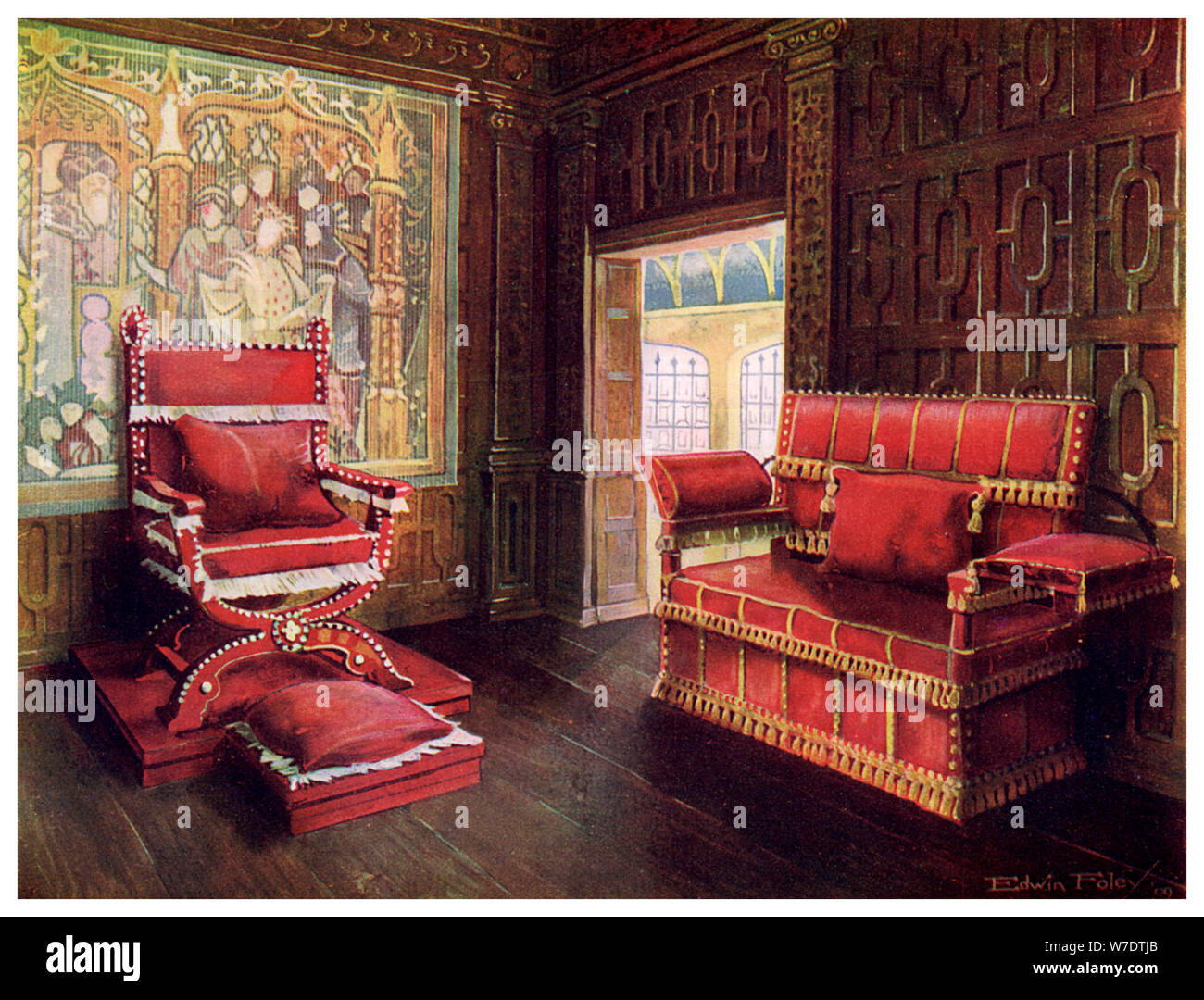 Upholstered chair and couch with adjustable ends, 1910.Artist: Edwin ...