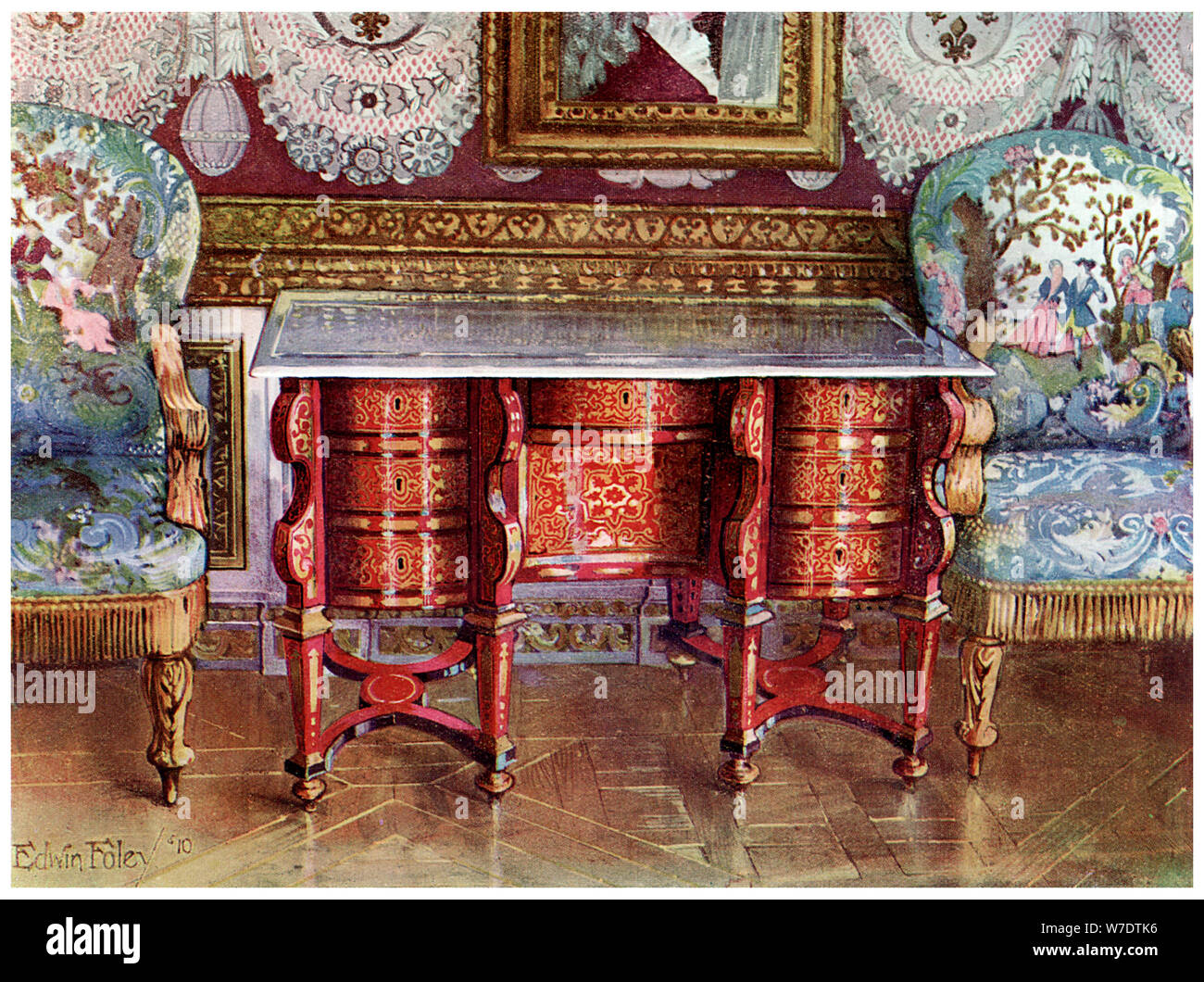 Kneehole writing table and gilt fauteuils, 1910. Artist: Edwin Foley ...
