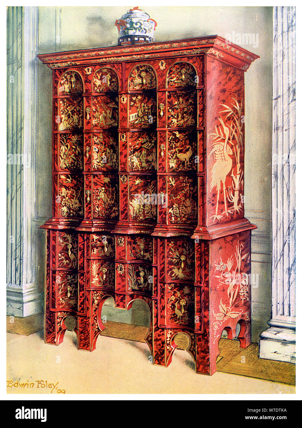 Red and gilt lacquer double chest of drawers, 1910.Artist: Edwin Foley ...