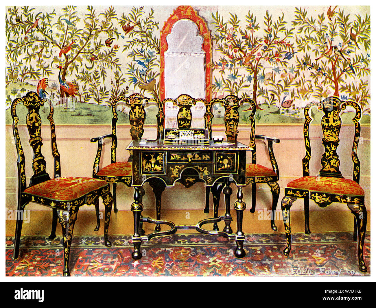 Black lacquer settee, chairs and table and red lacquer mirror, 1910 ...