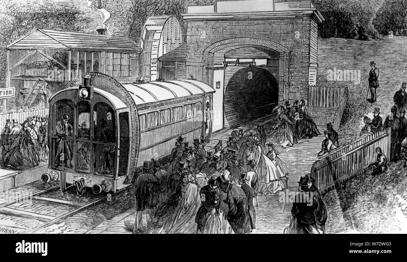 The first pneumatic passenger car, London, 1864. Artist: Unknown Stock ...