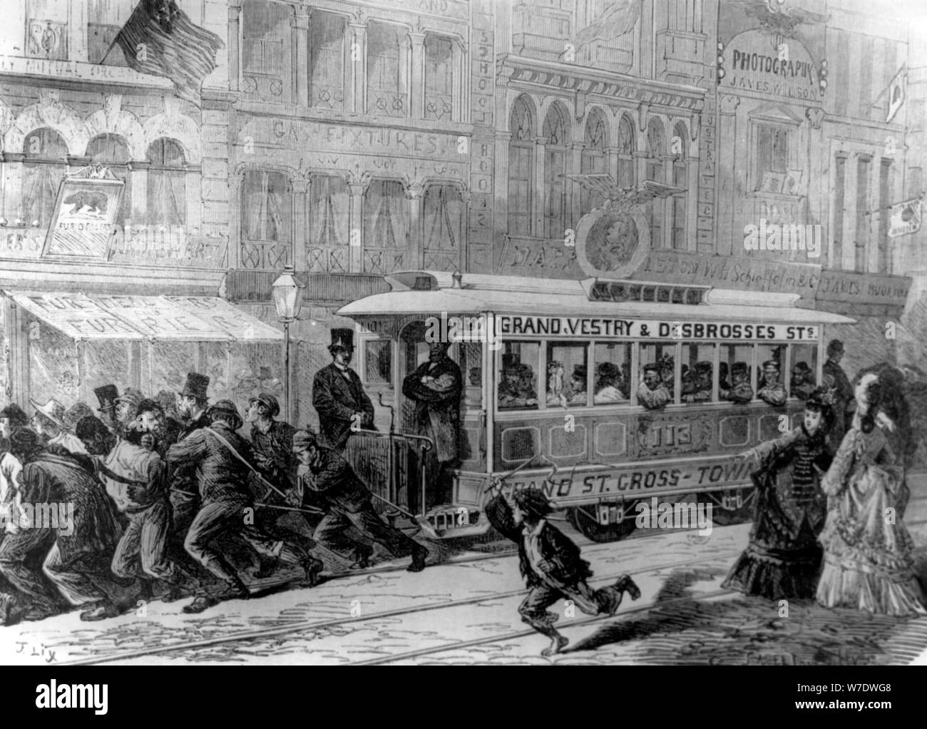Tram being pulled by men, USA, 1872. Artist: Unknown Stock Photo - Alamy