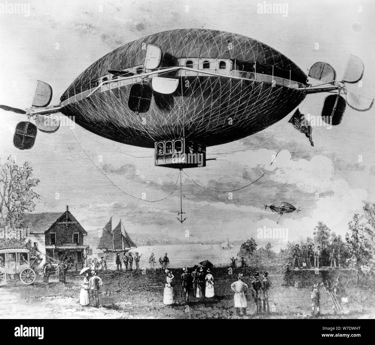 Spheroid dirigible airship dropping anchor, c1887. Artist: Unknown ...
