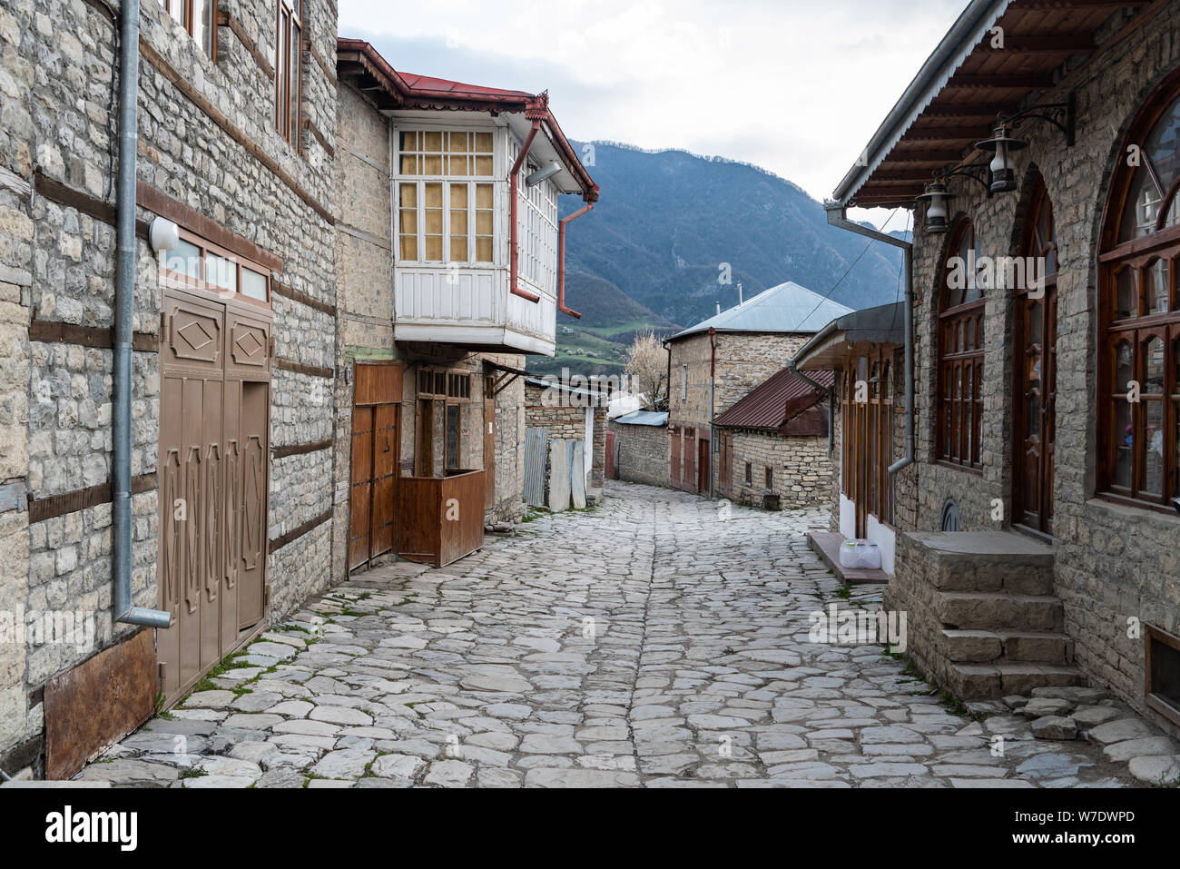 Cobblestone Huseynov street in Lagic village in Ismayilli region of ...