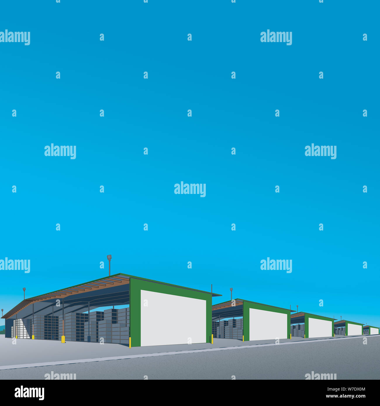 Open face warehouse storage sheds set in a row of 5 Stock Photo - Alamy