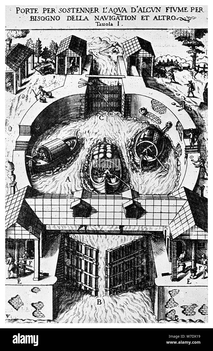Design for hinged canal lockgates by Leonardo da Vinci, 15th century ...