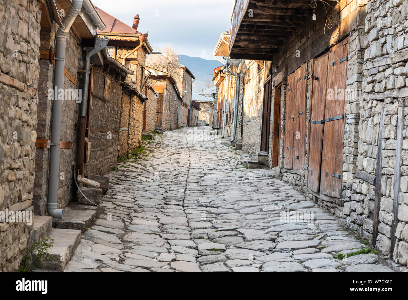 Cobblestone Huseynov street in Lagic village in Ismayilli region of ...