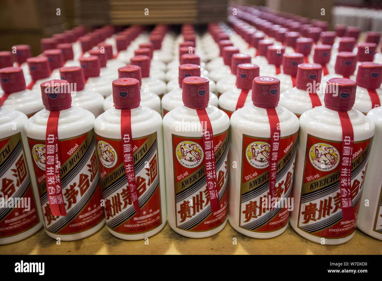 --FILE--Bottles of Moutai, a Chinese brand of baijiu liquor, are ...