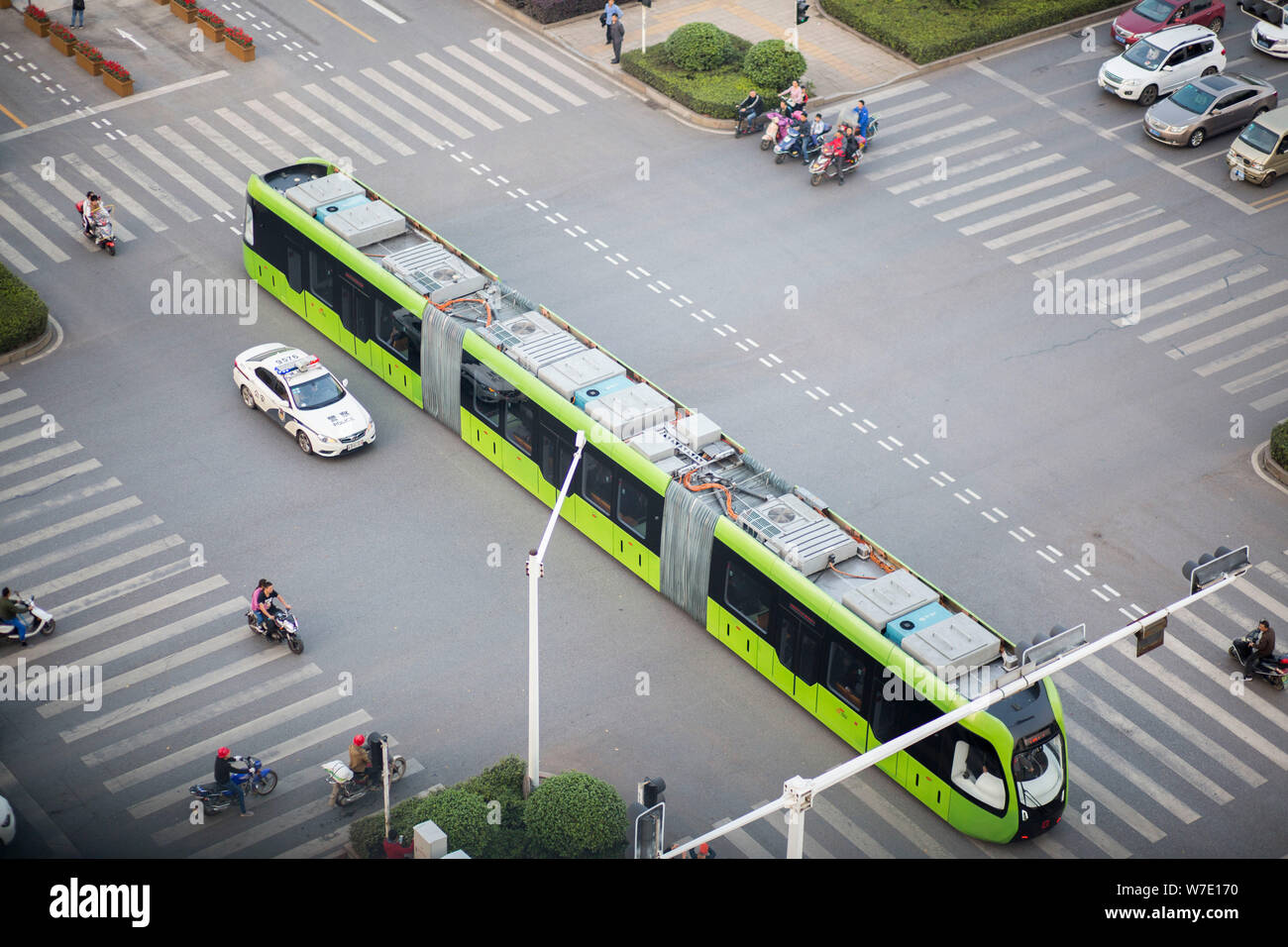A railless train, developed by the CRRC Zhuzhou Institute Co. Ltd, runs ...
