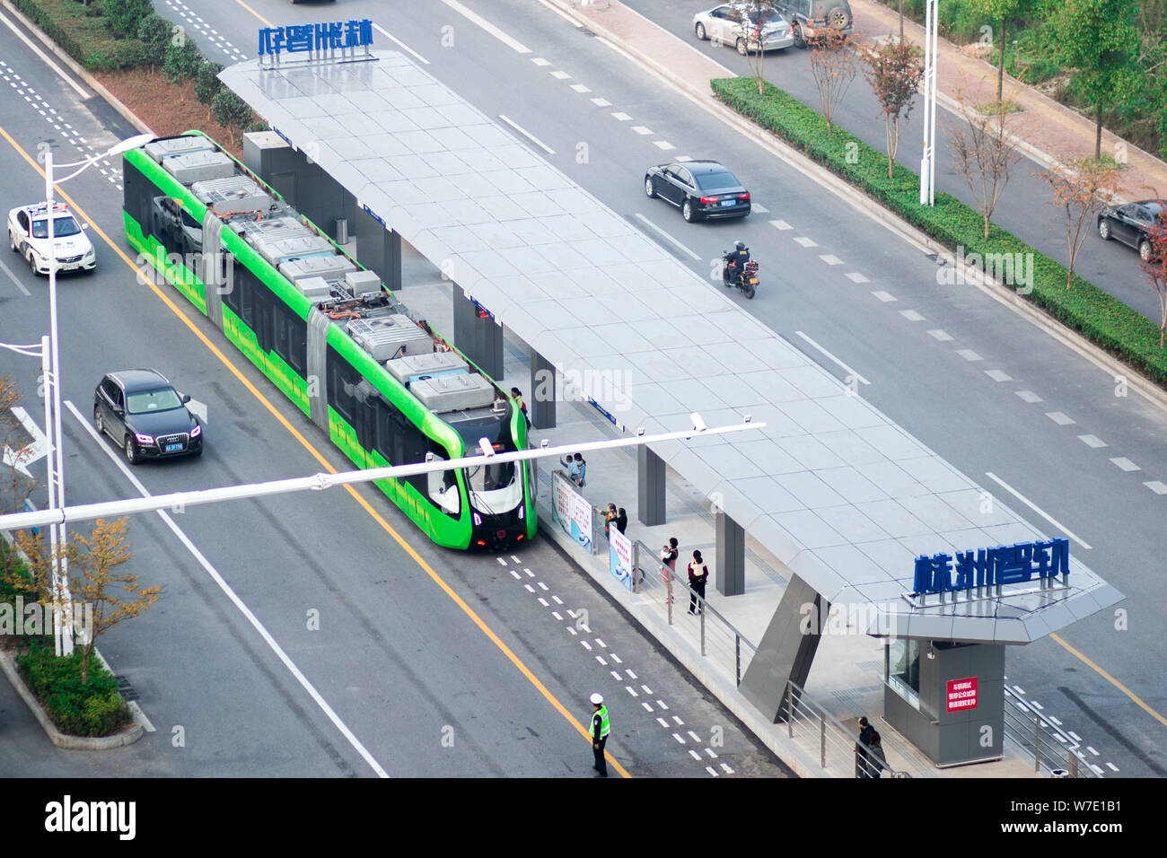 A railless train, developed by the CRRC Zhuzhou Institute Co. Ltd, runs ...
