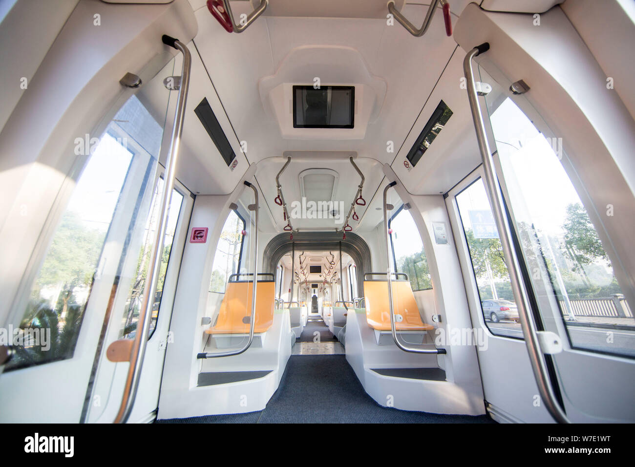 Inside view of a railless train, developed by the CRRC Zhuzhou ...