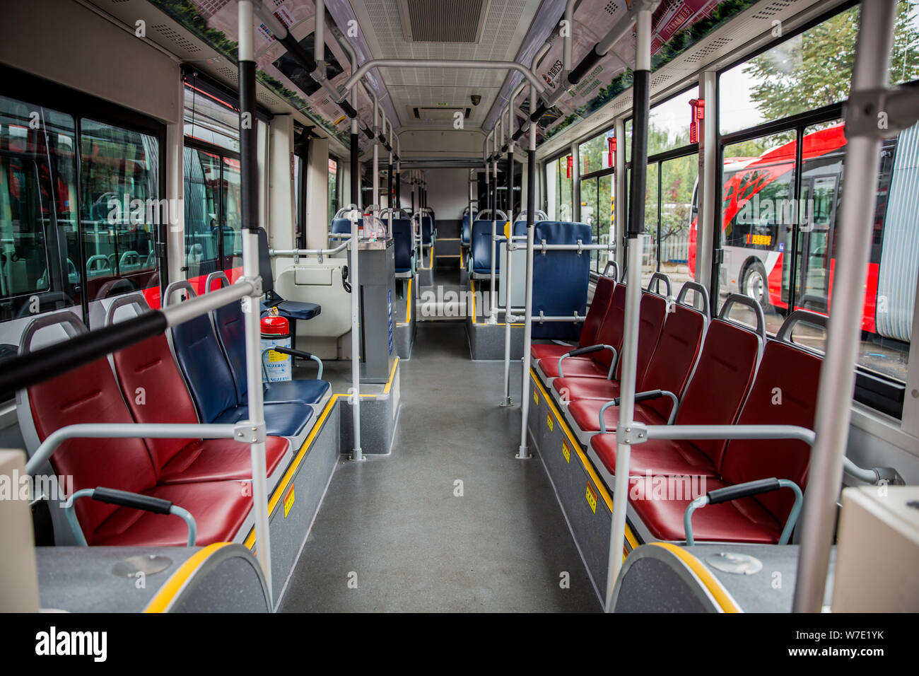 Inside view of one of the first batch of 10 electric buses in red in ...
