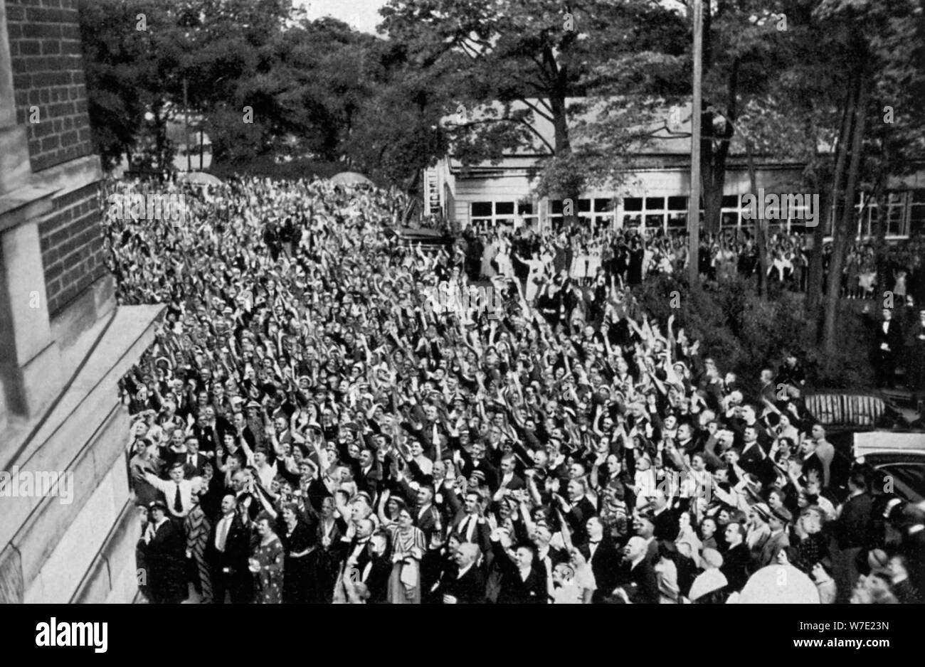 A crowd gathered beneath Adolf Hitler's window, Bayreuth, Germany, 1936 ...