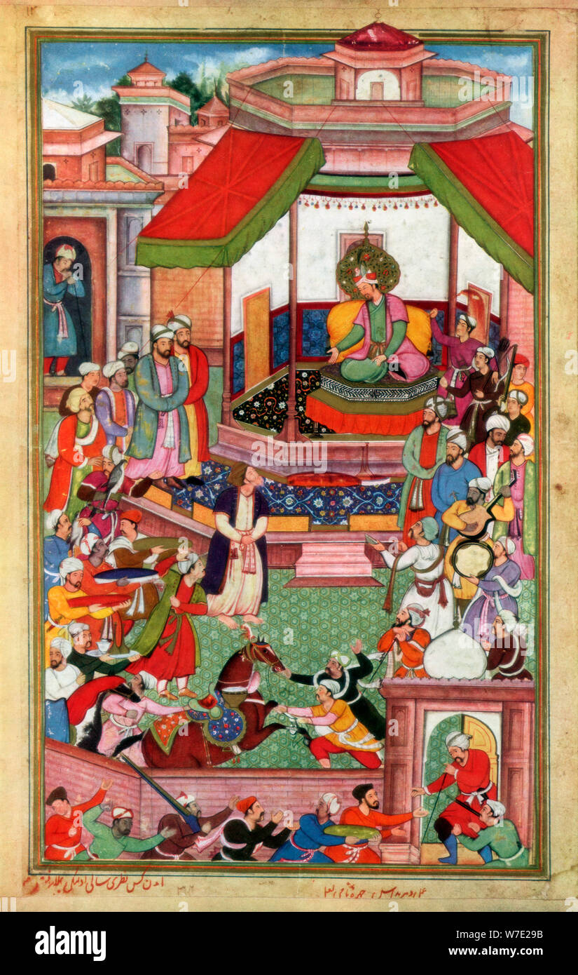 Abu'l-Fazl ibn Mubarak presenting the Akbarnama to Akbar. Artist ...