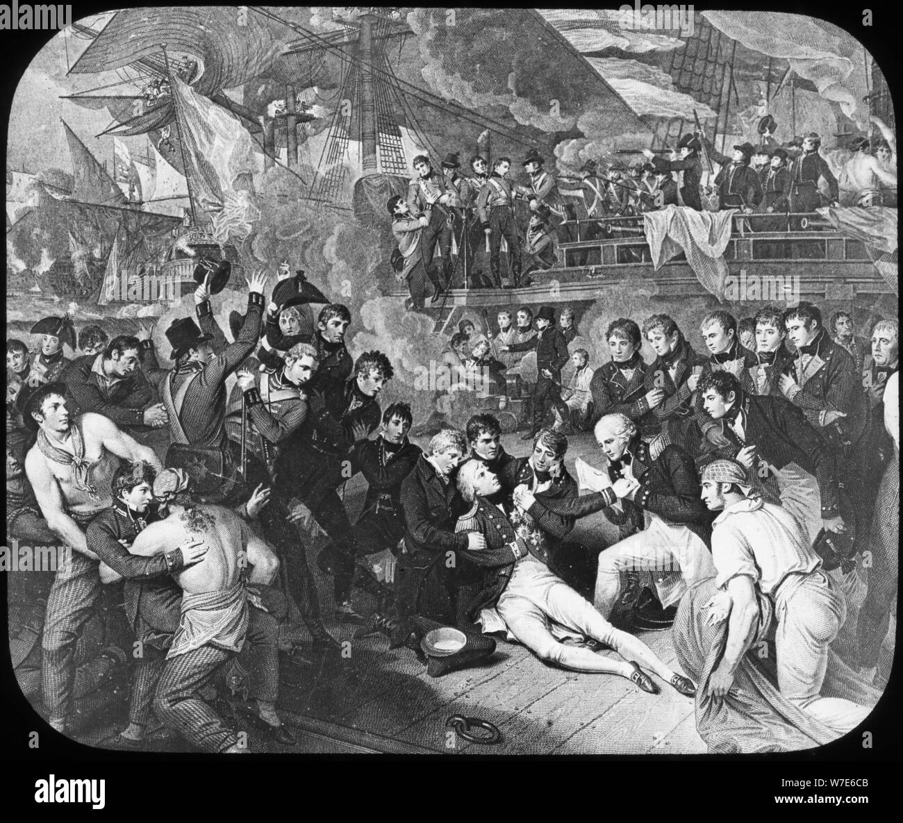 Admiral Lord Nelson wounded at the Battle of Trafalgar, 1805. Artist ...