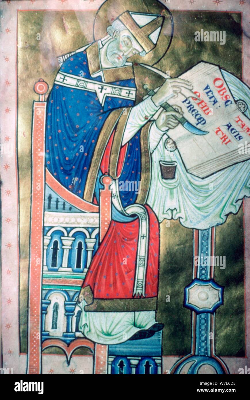 Twelfth century illustration of St Dunstan (909-988) as a scribe. He ...
