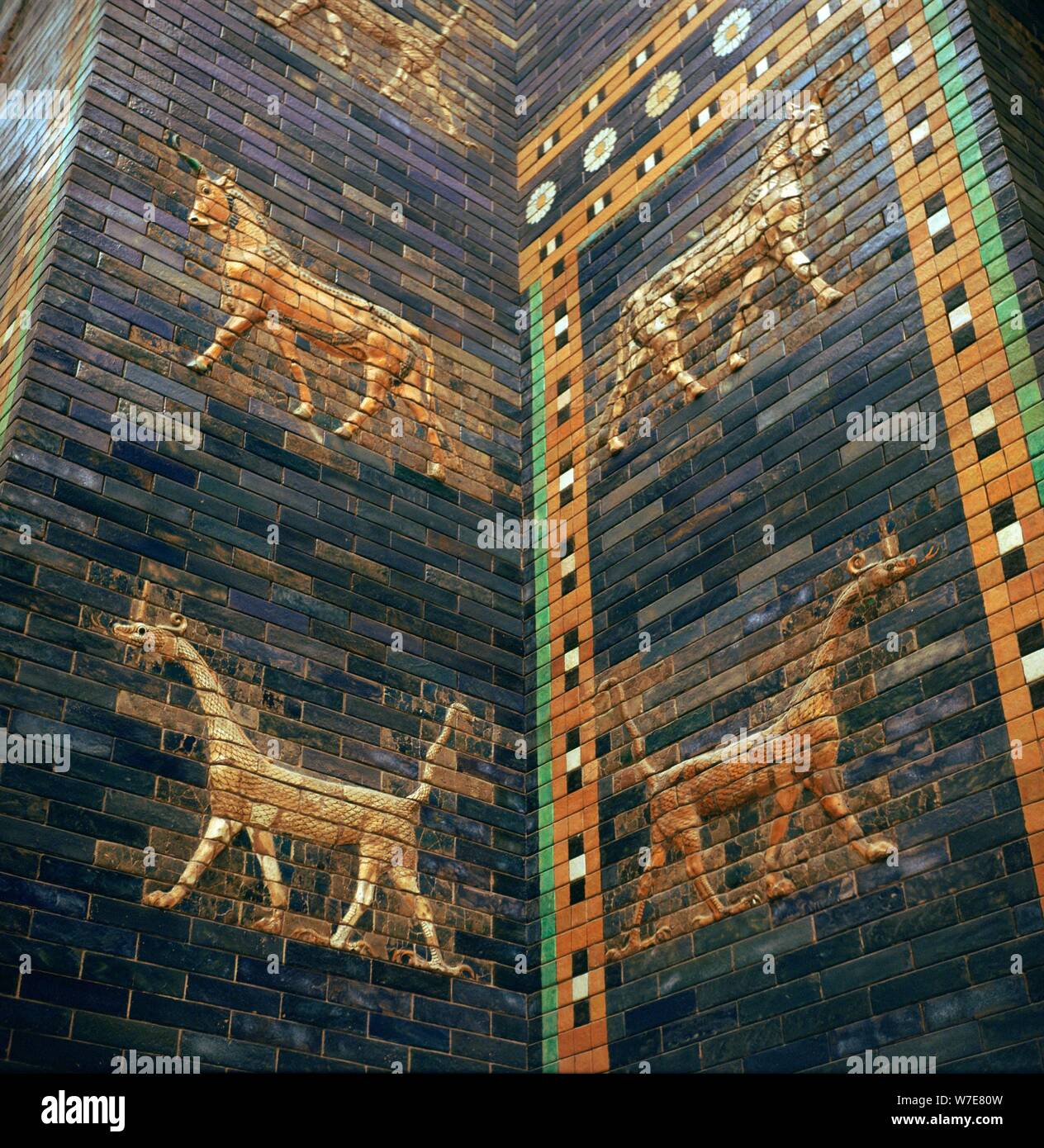 Moulded bricks from the Ishtar Gate showing lions and mushrushu, 7th ...