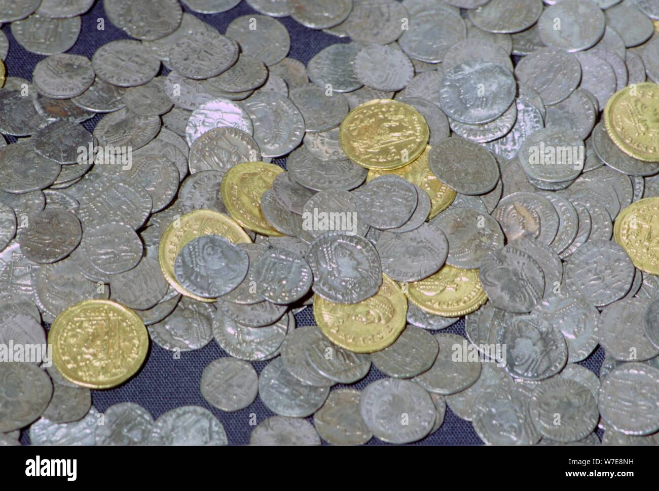 Coins from the Hoxne hoard, Roman Britain, buried in the 5th century ...