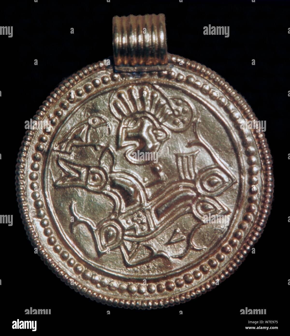 Gold bracteate from Sweden showing Odin and a raven. Artist: Unknown ...