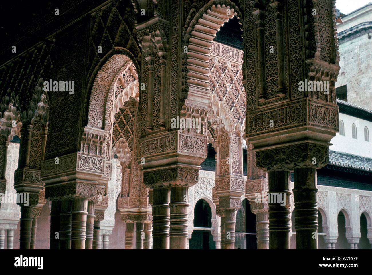 Arches in the Court of the Lions at Alhambra, 14th century. Artist ...