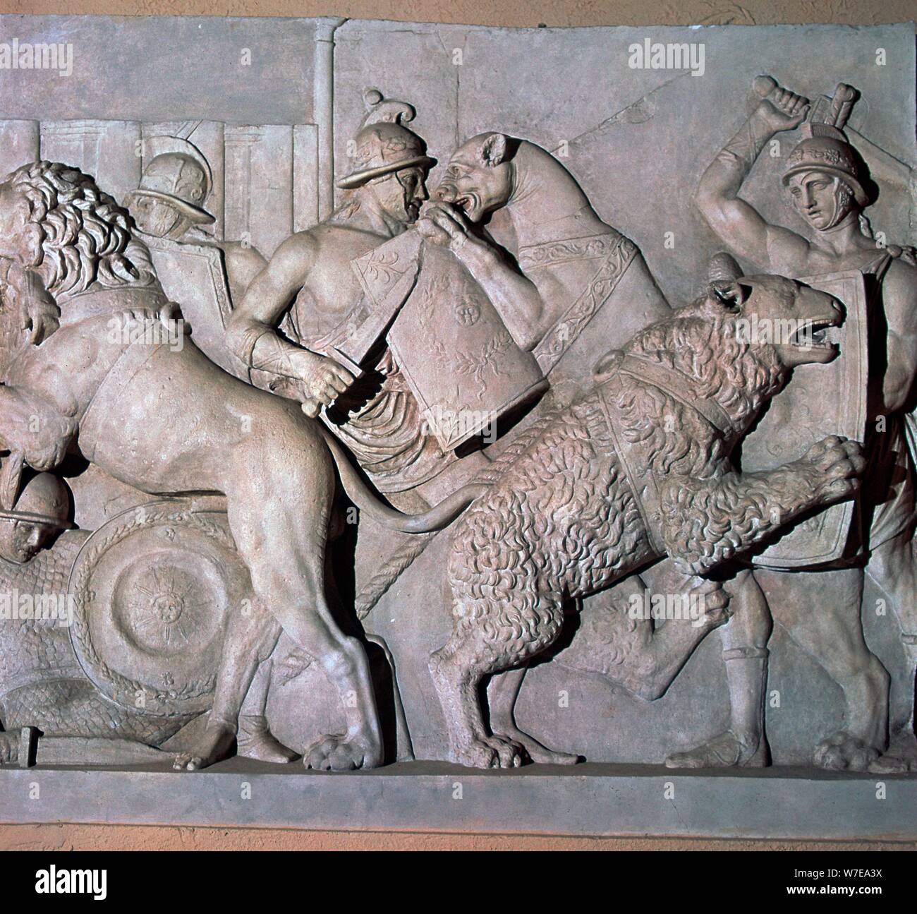 Roman relief of gladiators fighting wild beasts., 1st century. Artist ...